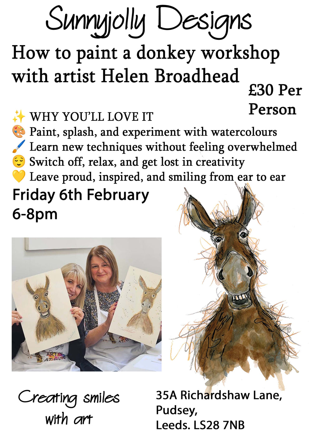 Friday 6th Feb- Paint a watercolour donkey 6-8pm – Sunnyjolly Designs